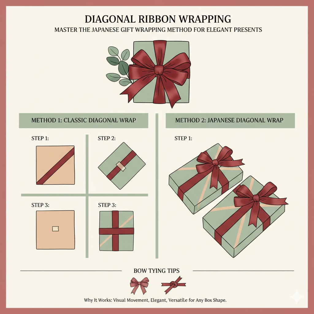 Professional Gift Wrapping: Easy Way to Secure a Ribbon Diagonally.